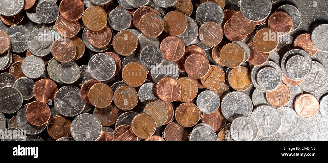 Pattern of US Dollar coins. Pennies dimes and quarter coins from USA ...