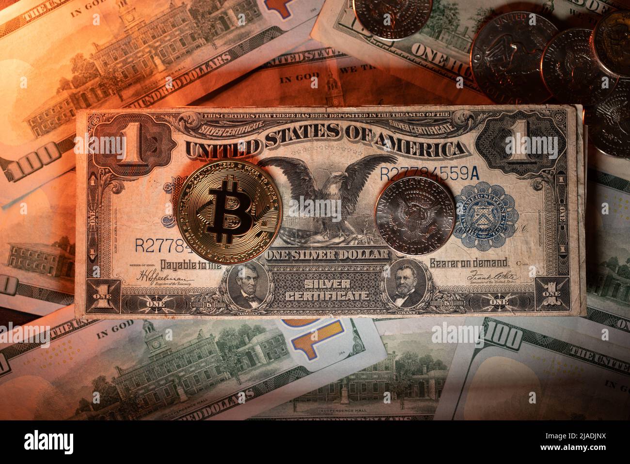 Interesting rare one US Dollar banknote with shining Bitcoin coin ...