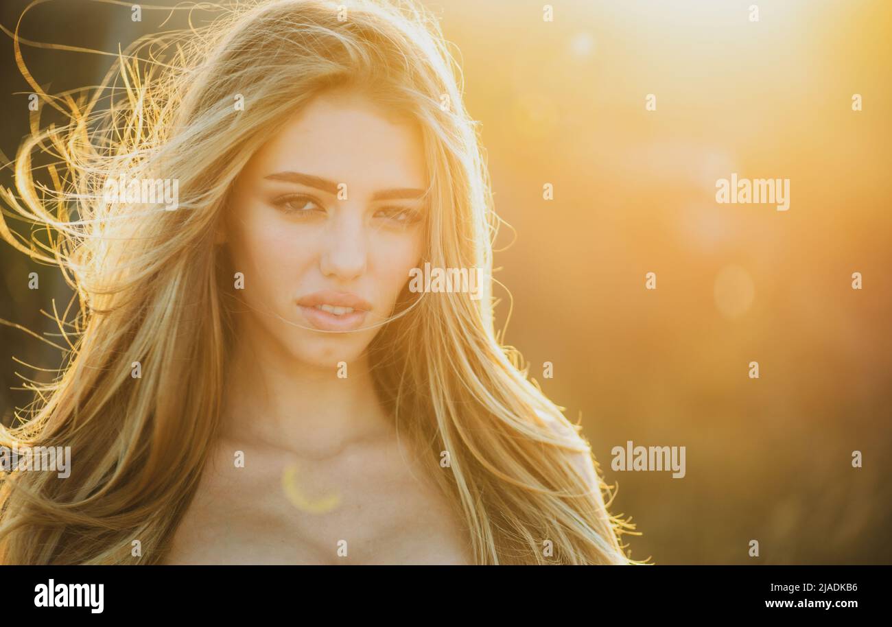 Sunny spring natural beauty woman. Portrait of sensual girl outdoor ...