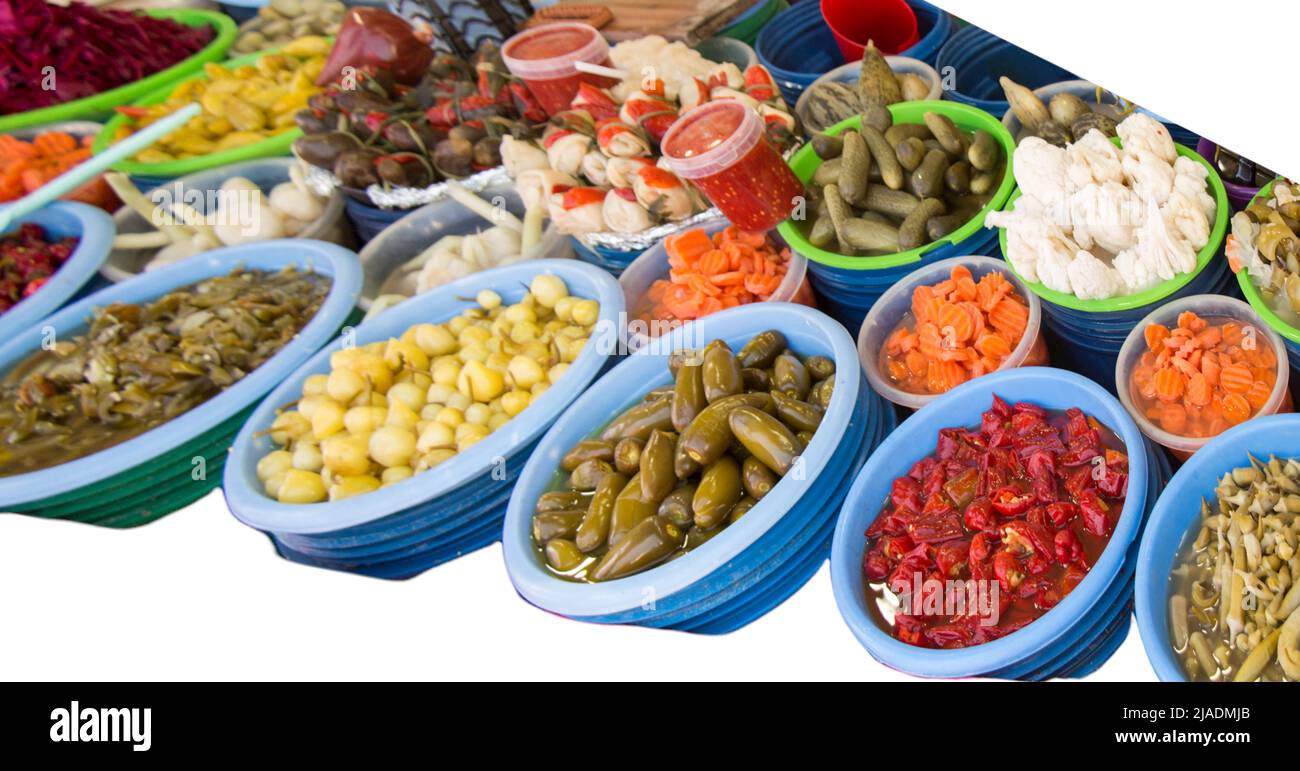 Preserved vegetables. Grocery conserve containers Stock Photo - Alamy