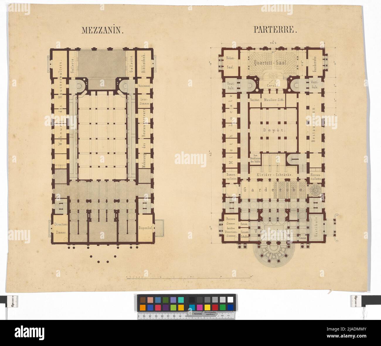 Competition draft for a concert hall, floor plan Mezzanin and ground ...