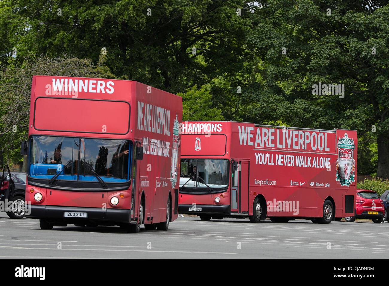 The open top buses arrive for the Liverpool FC parade Stock Photo - Alamy