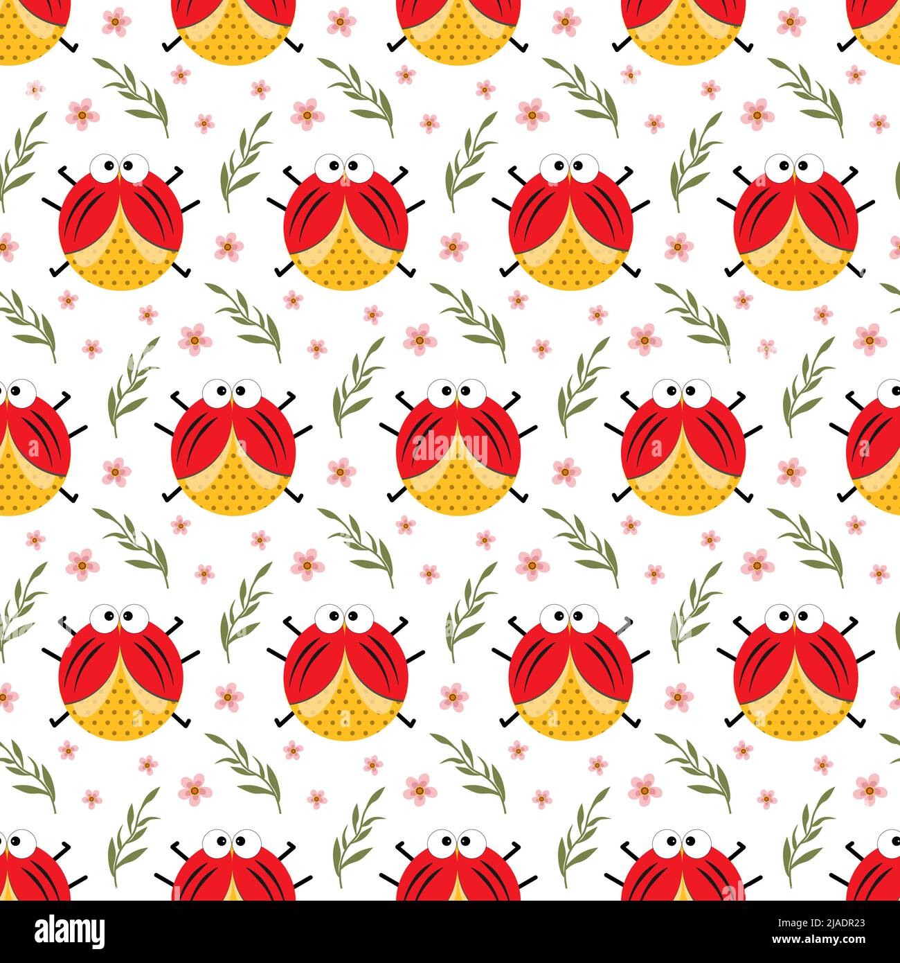 Pattern with beetles, leaves and flowers. Vector illustration isolated ...