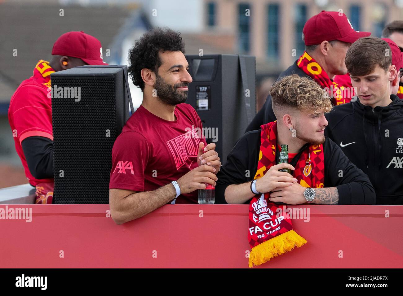 Mohamed Salah #11 of Liverpool during the open top bus parade today in ...