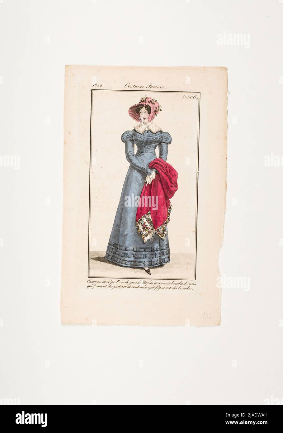 Fashion image: "French lady with crepe hat, blue robe and red recess ...