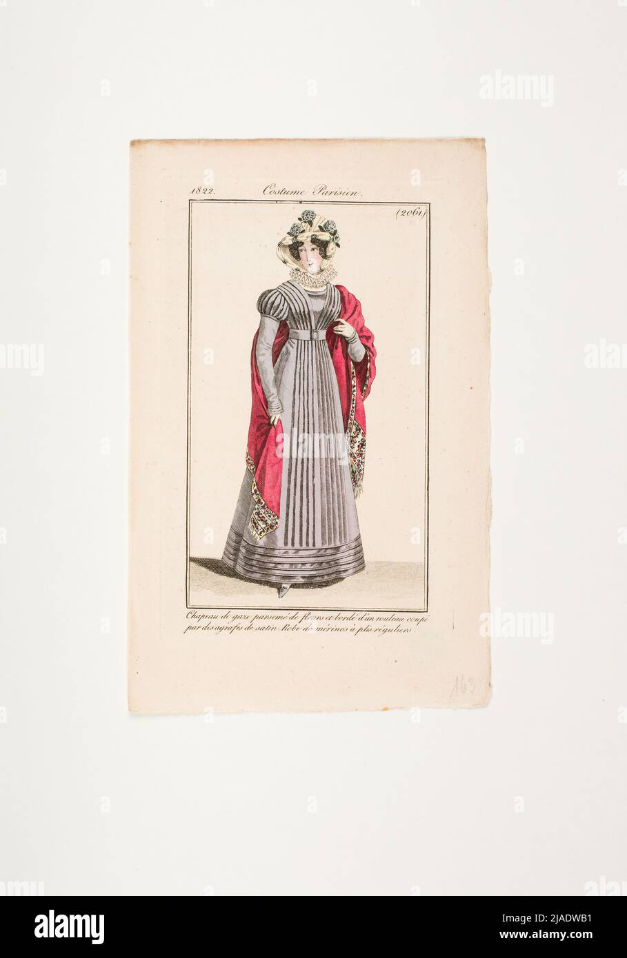 Fashion image: "Parisian with flower hat from Gauze, Halsrause, large red cloak and pleated ...