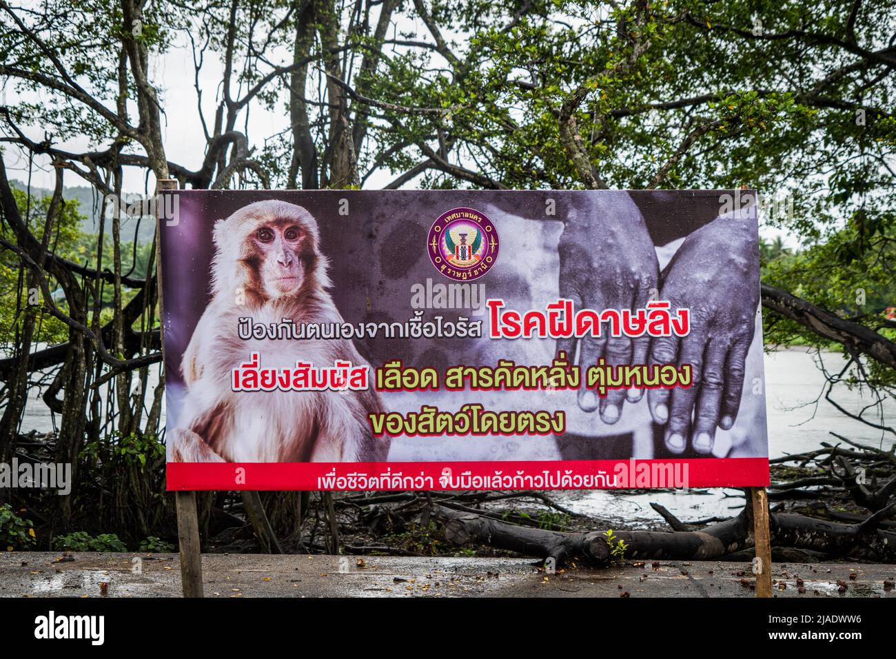A sign displaying a photo of a Macaque monkey with an image of hands ...