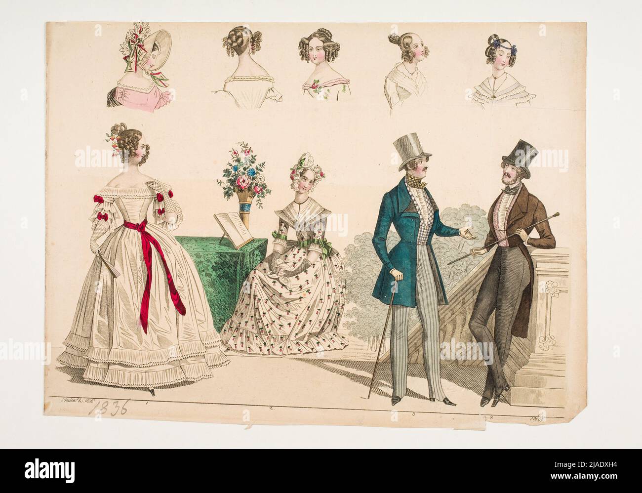 Fashion image: four figures, women's and men's fashion, hairstyles, a ...