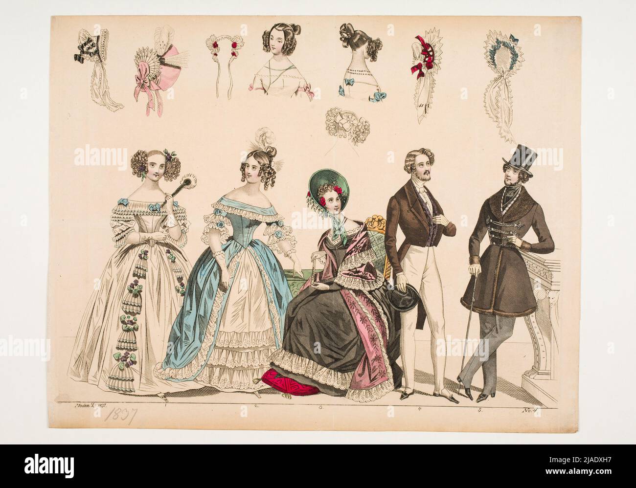 Fashion image: five figures, women's, men's and hat fashion, hairstyles ...