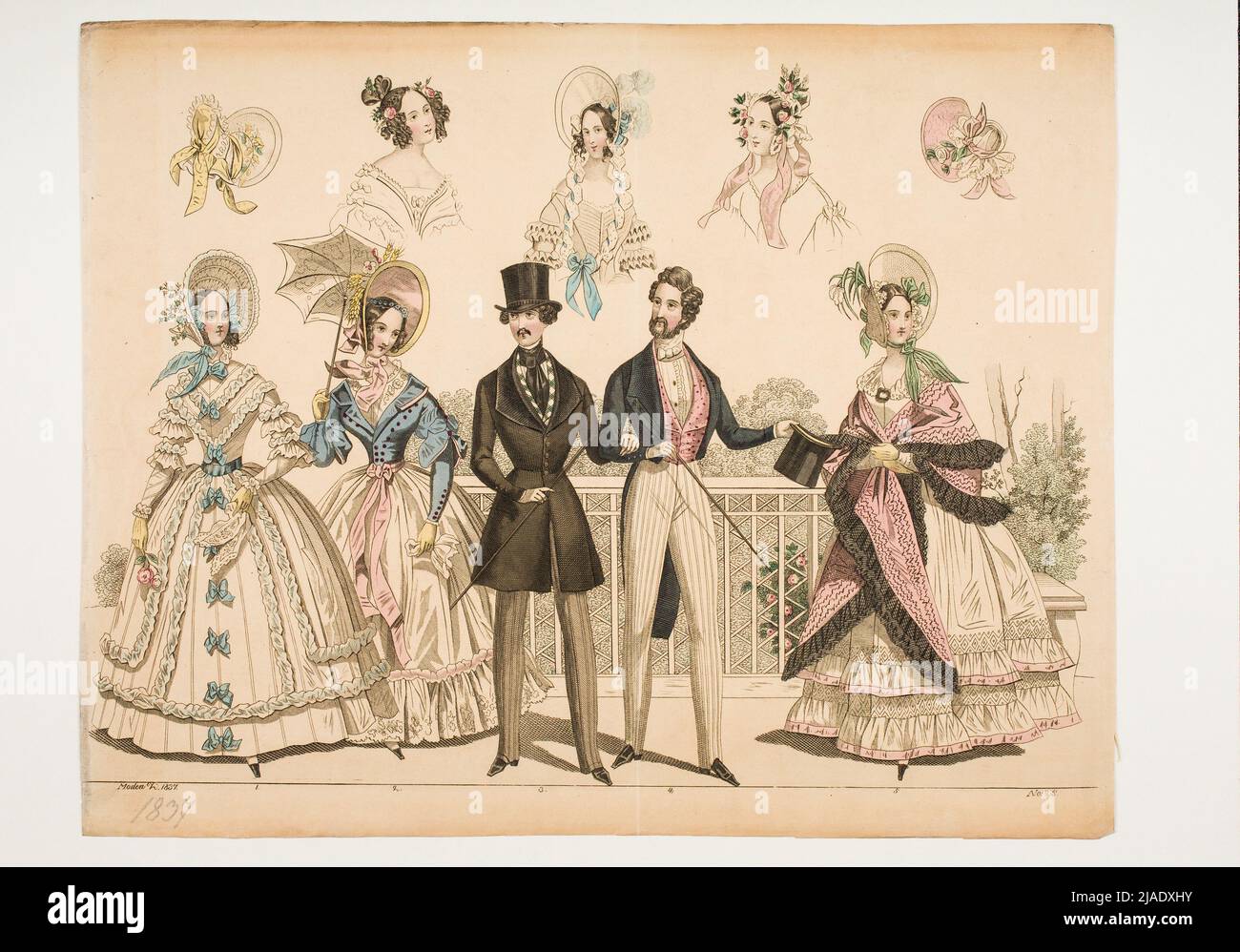 Fashion image: five figures, women's and men's fashion, hats ...