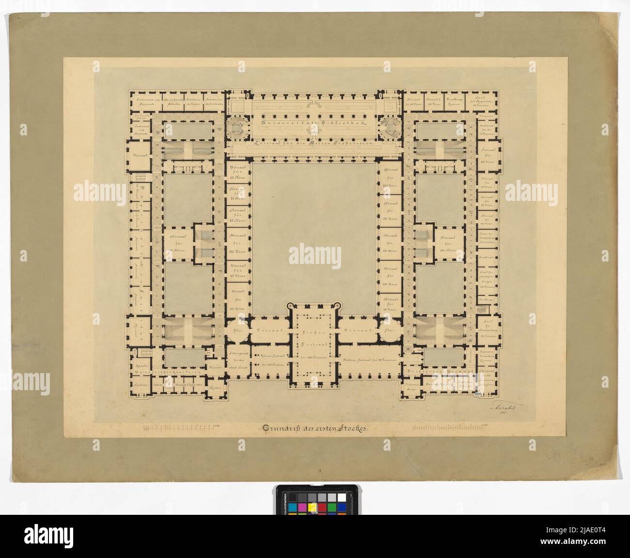 University, floor plan of the first floor with room layout. Heinrich von Ferstel (1828-1883 ...