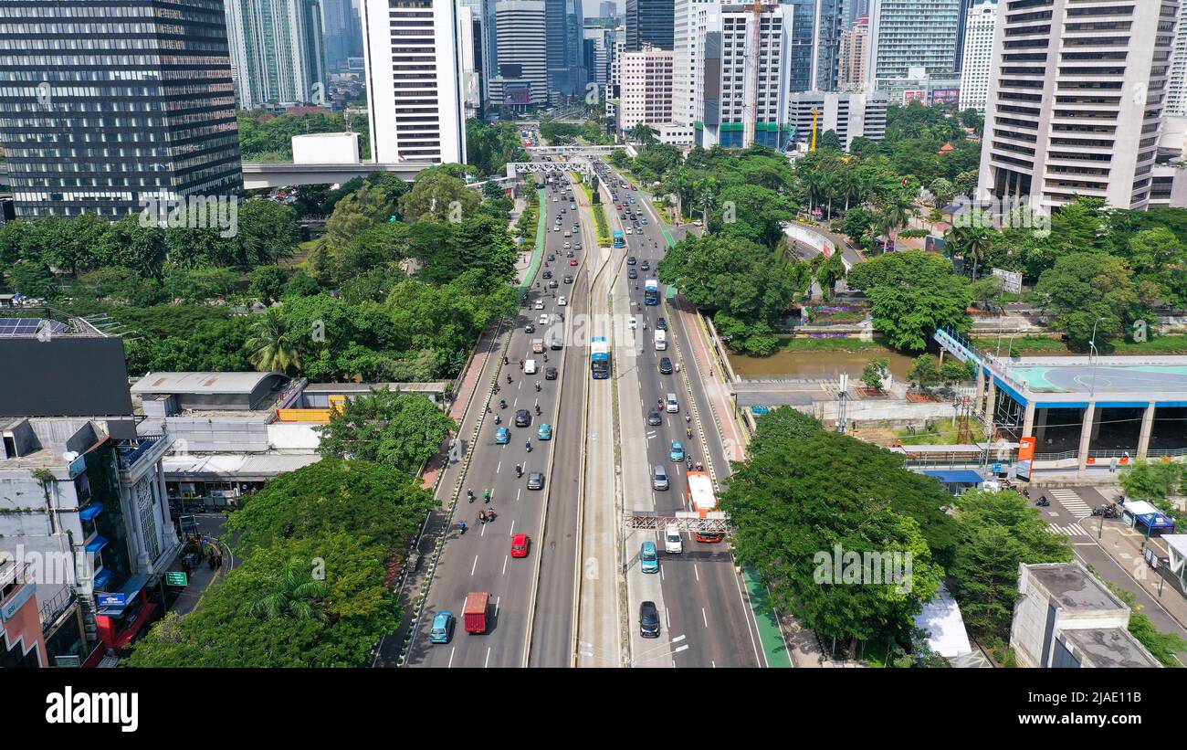 Aerial traffic view in Sudirman street area, Jakarta, Indonesia Stock ...