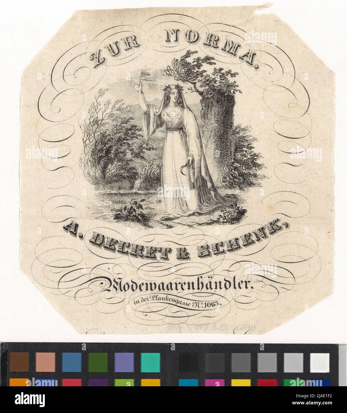 Label of the fashion shop "Zur Norma"/ A. Decret & Schenk, Plankengasse ...