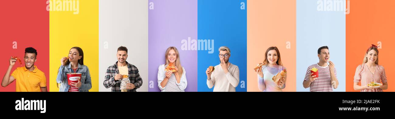 Set of young people eating fast food on colorful background Stock Photo ...