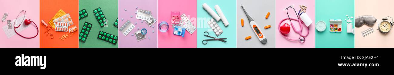 Collage with many different drugs on colorful background Stock Photo ...
