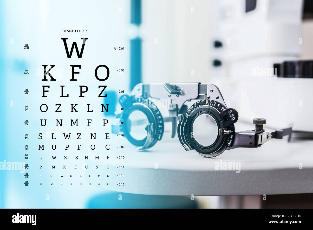 Collage with eye test chart and trial frames at ophthalmologist's ...