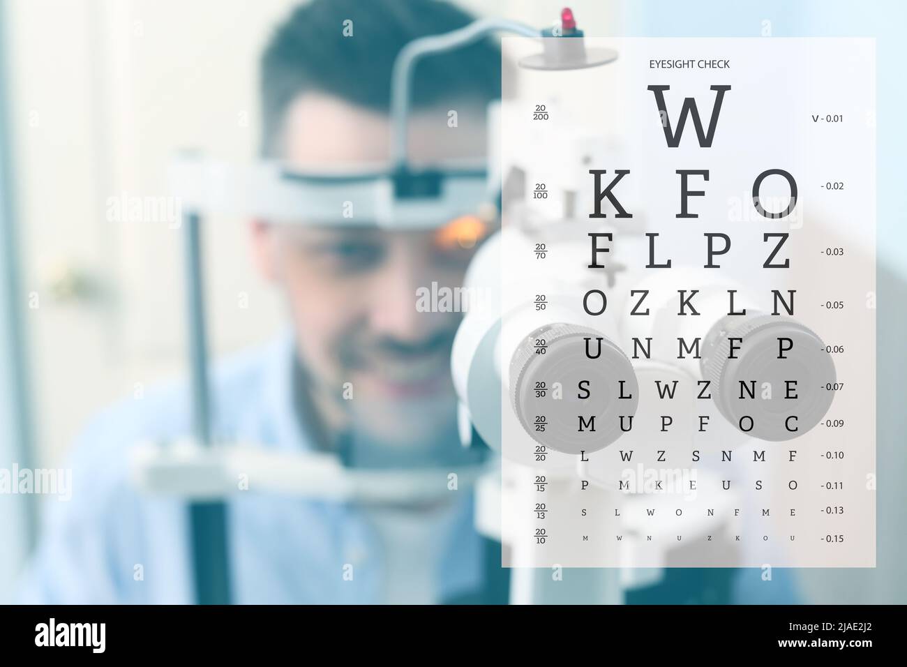 Collage with eye test chart and man visiting ophthalmologist in clinic ...