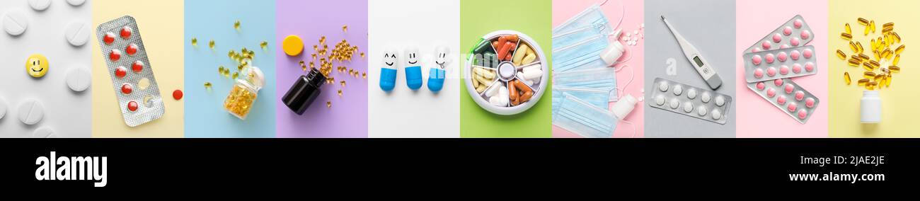 Collage with many different drugs on colorful background Stock Photo ...