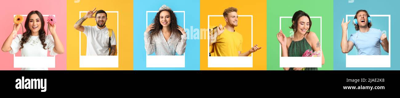 Set of people looking out of photo frames on colorful background Stock ...