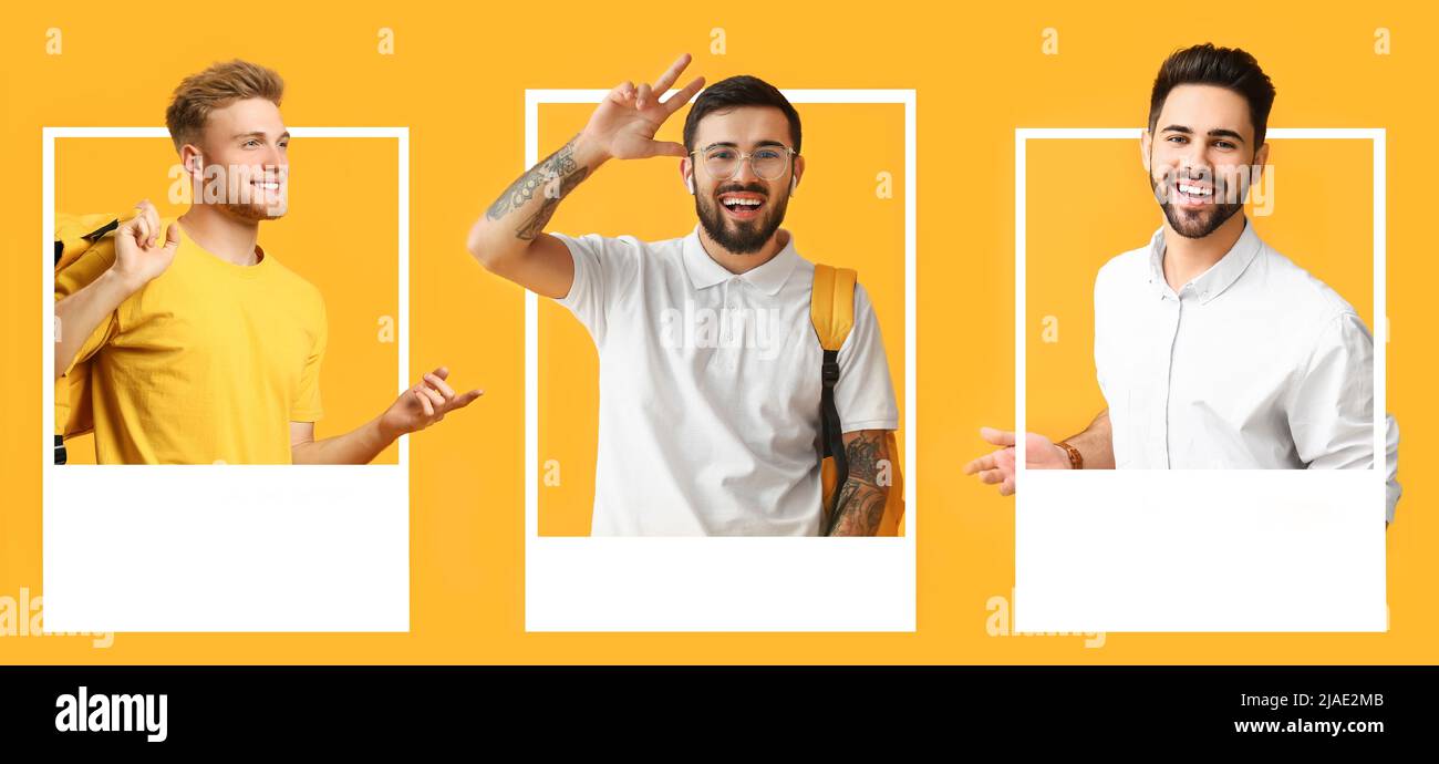 Collage with stylish young men looking out of frame on yellow ...