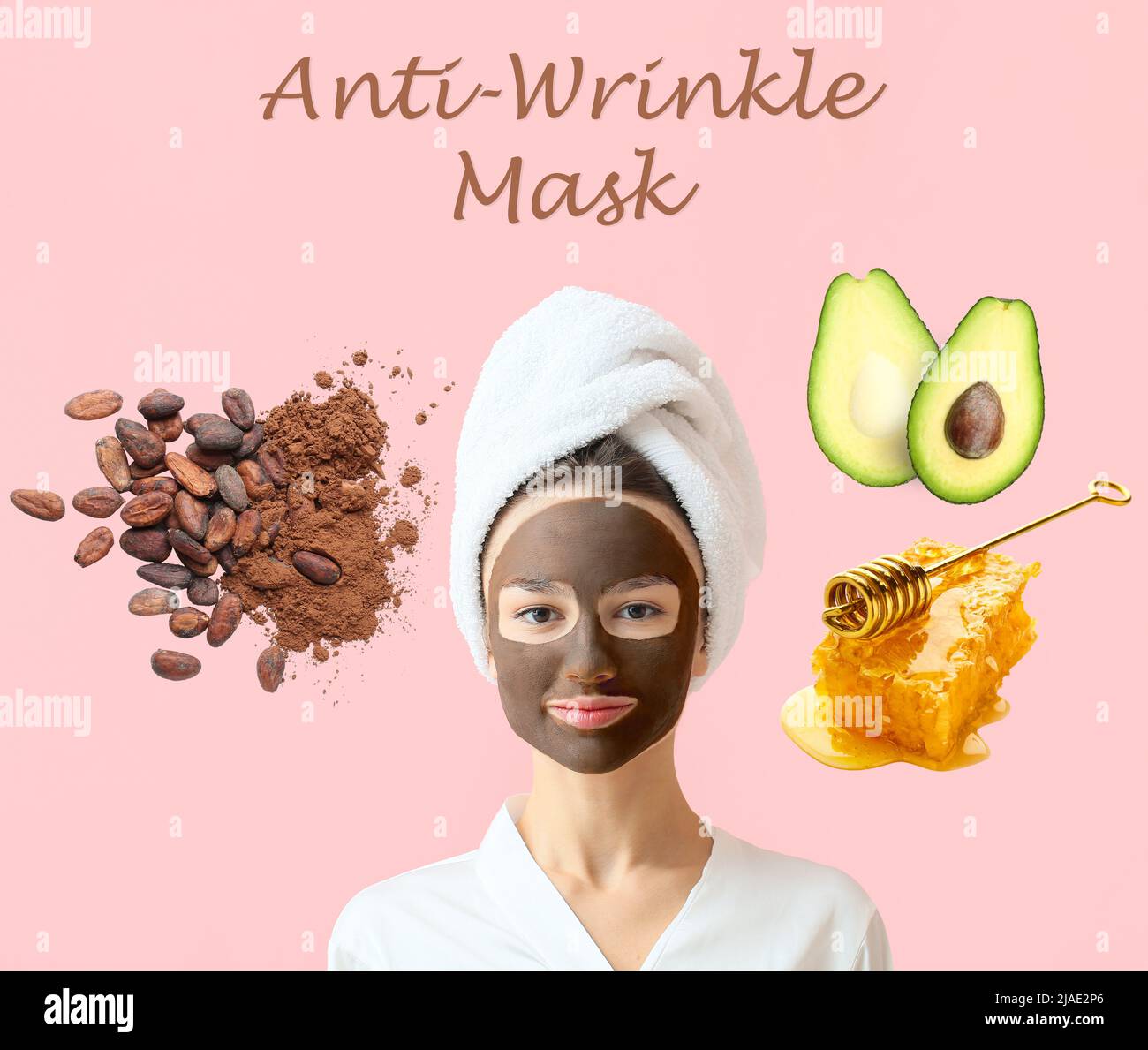 Young woman with natural anti-wrinkle mask on her face against pink ...