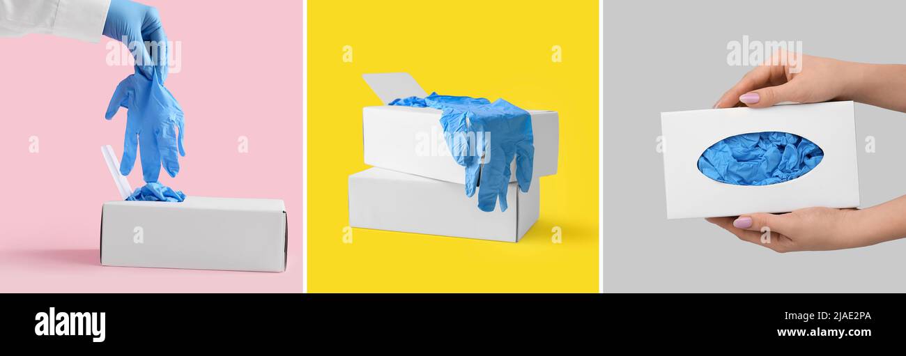 Collage with set of medical rubber gloves Stock Photo - Alamy