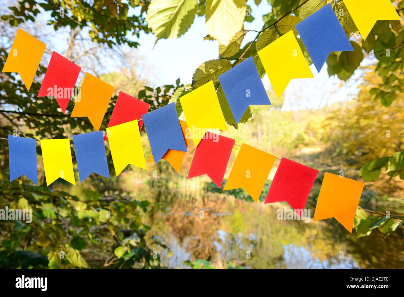 Colorful festive bunting flags in green park Stock Photo - Alamy