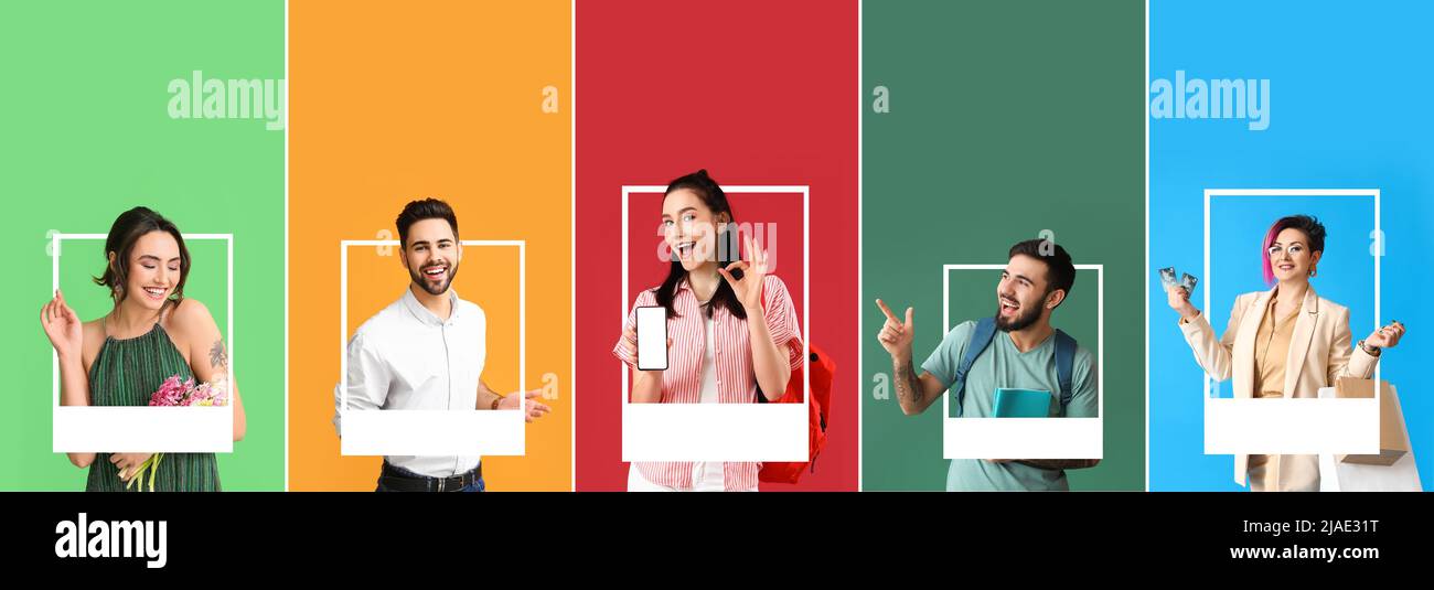 Set of different people looking out of frames on colorful background ...