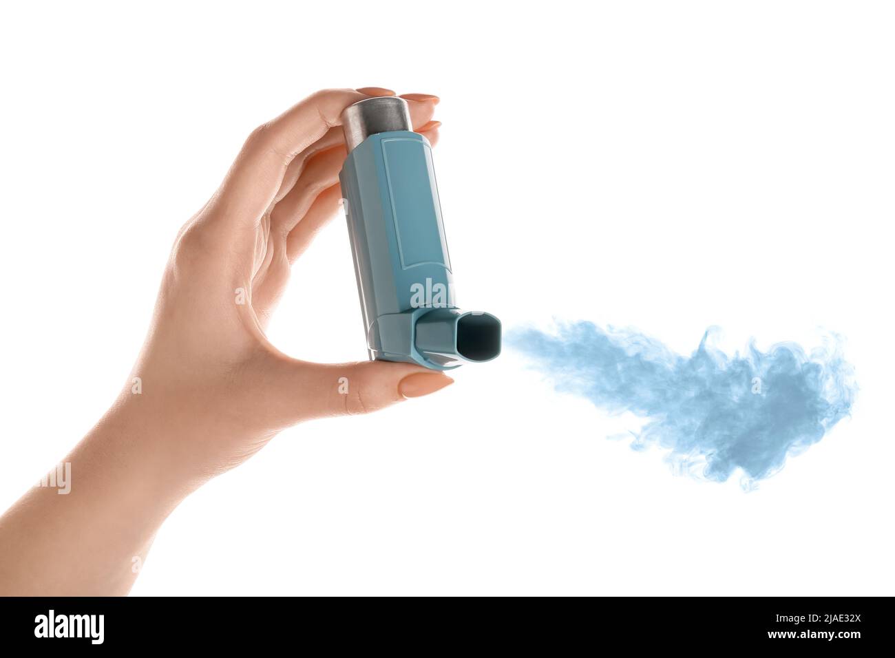 Female hand with inhaler on white background Stock Photo - Alamy