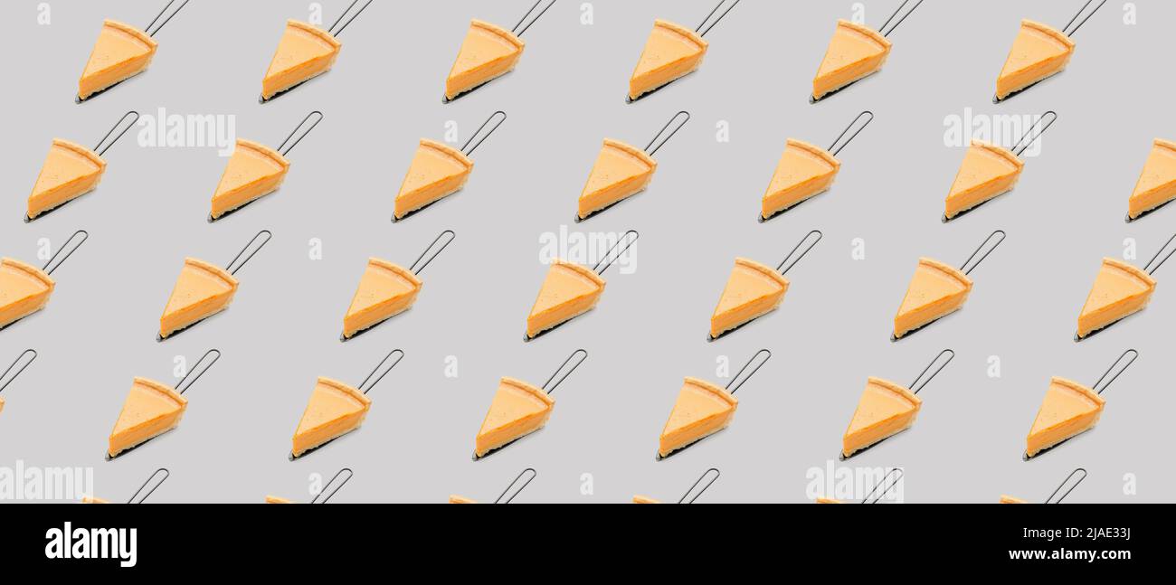 Many slices of tasty pumpkin pie on light background. Pattern for ...