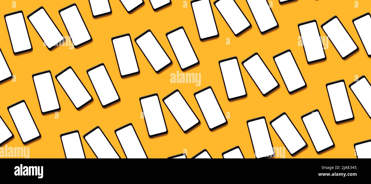 Many smartphones with blank screens on yellow background. Pattern for ...