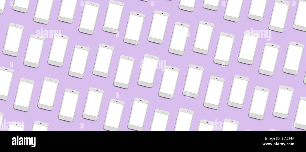 Many smartphones with blank screens on lilac background. Pattern for ...