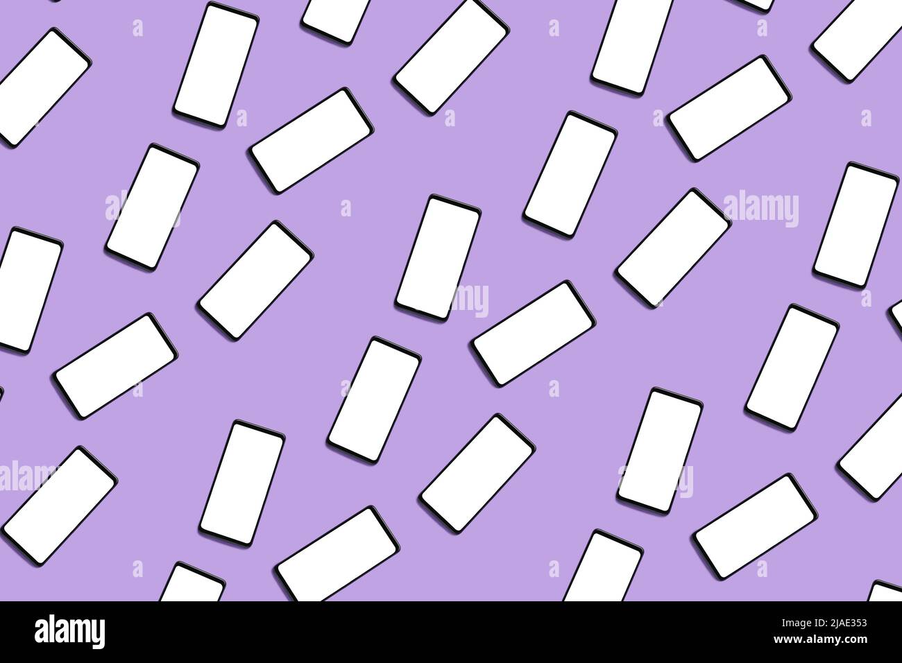 Many smartphones with blank screens on lilac background. Pattern for ...