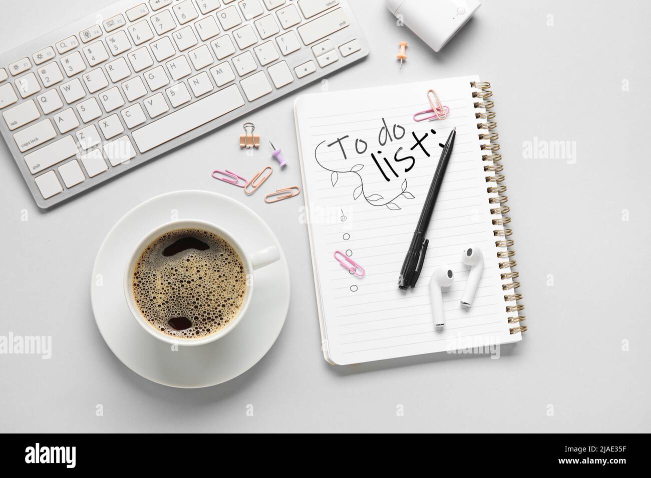 Notebook with blank to-do list, computer keyboard, coffee and ...