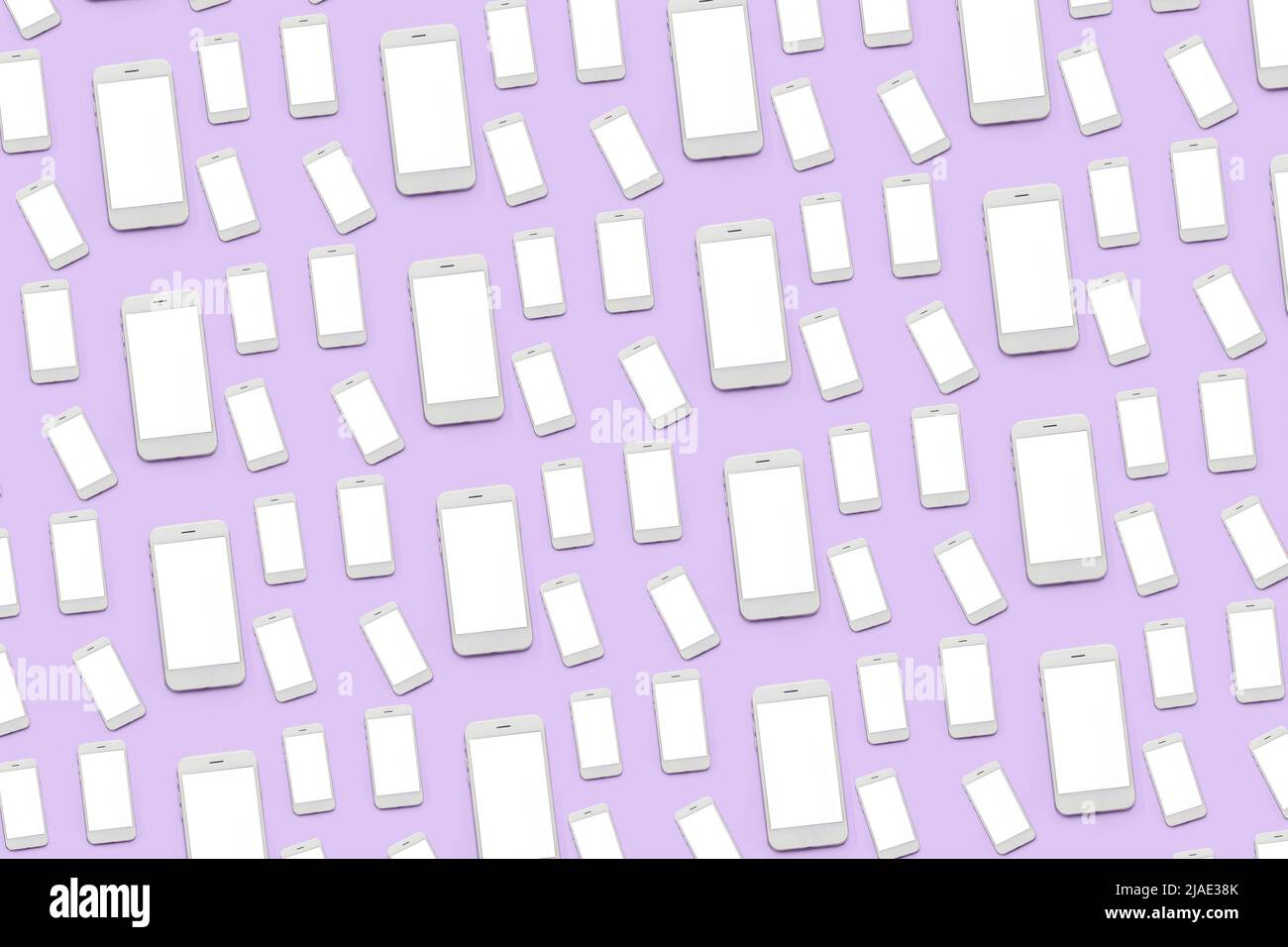 Many smartphones with blank screens on lilac background. Pattern for ...
