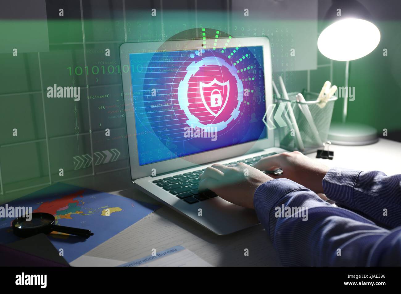 Woman using laptop with blocked screen at table. Concept of online ...