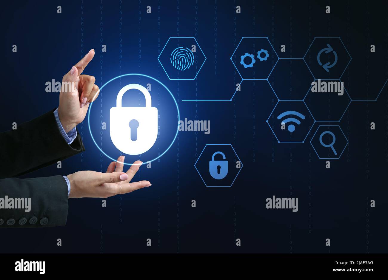 Hands of businesswoman touching lock on virtual screen against dark ...