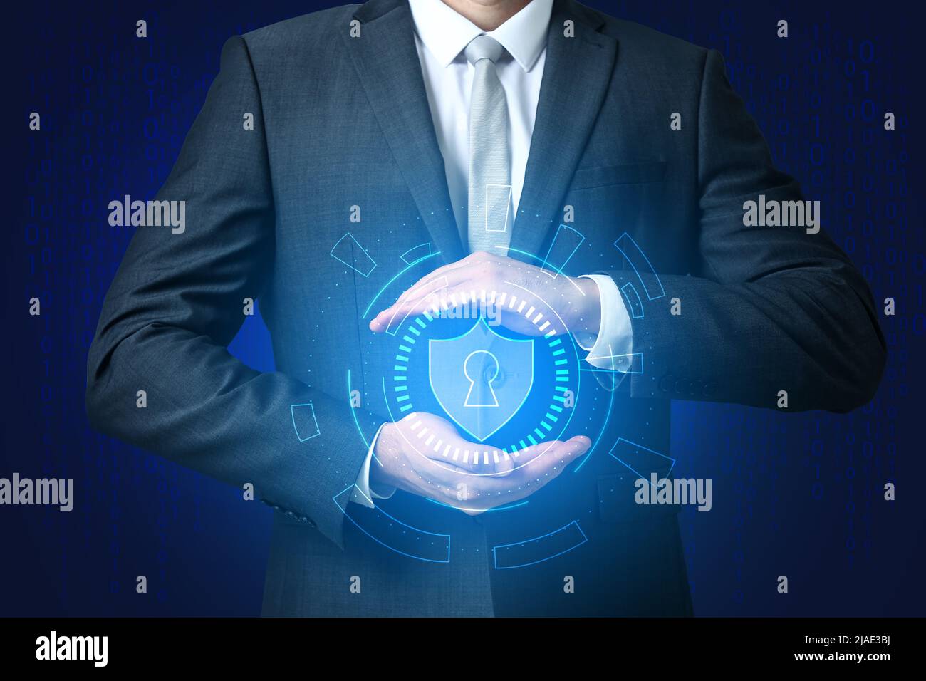 Businessman and lock on virtual screen against dark background. Concept ...