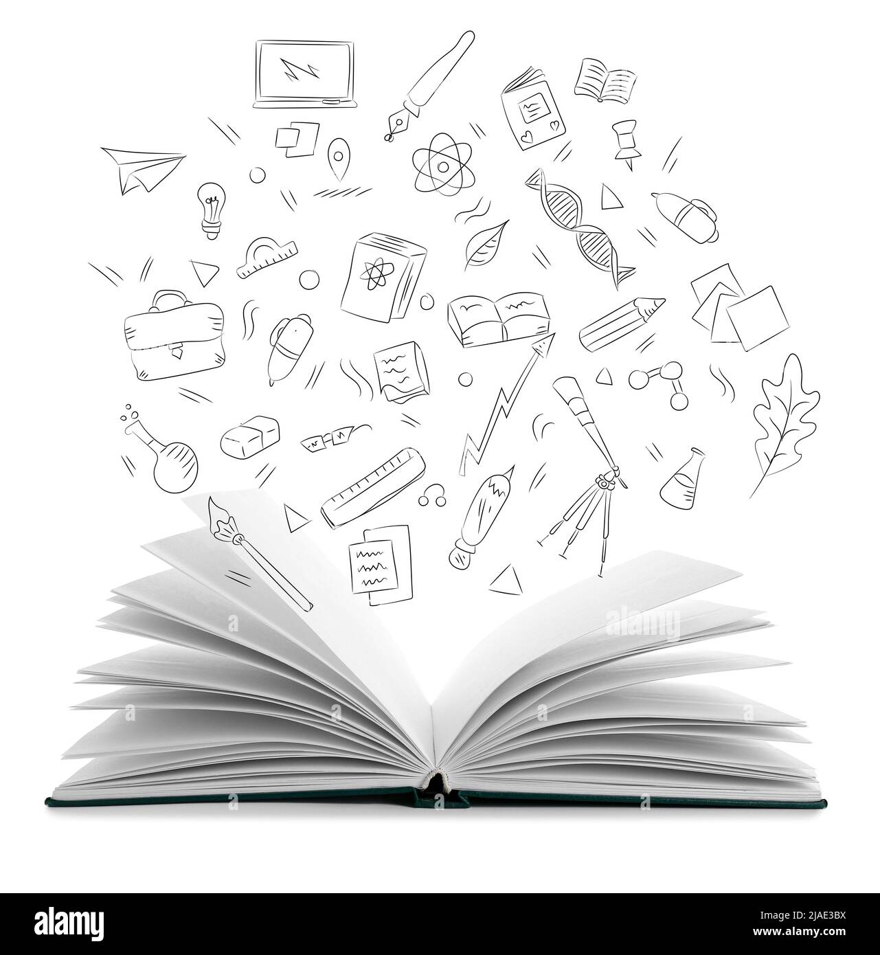 Open book and different drawn objects on white background. Studying of ...