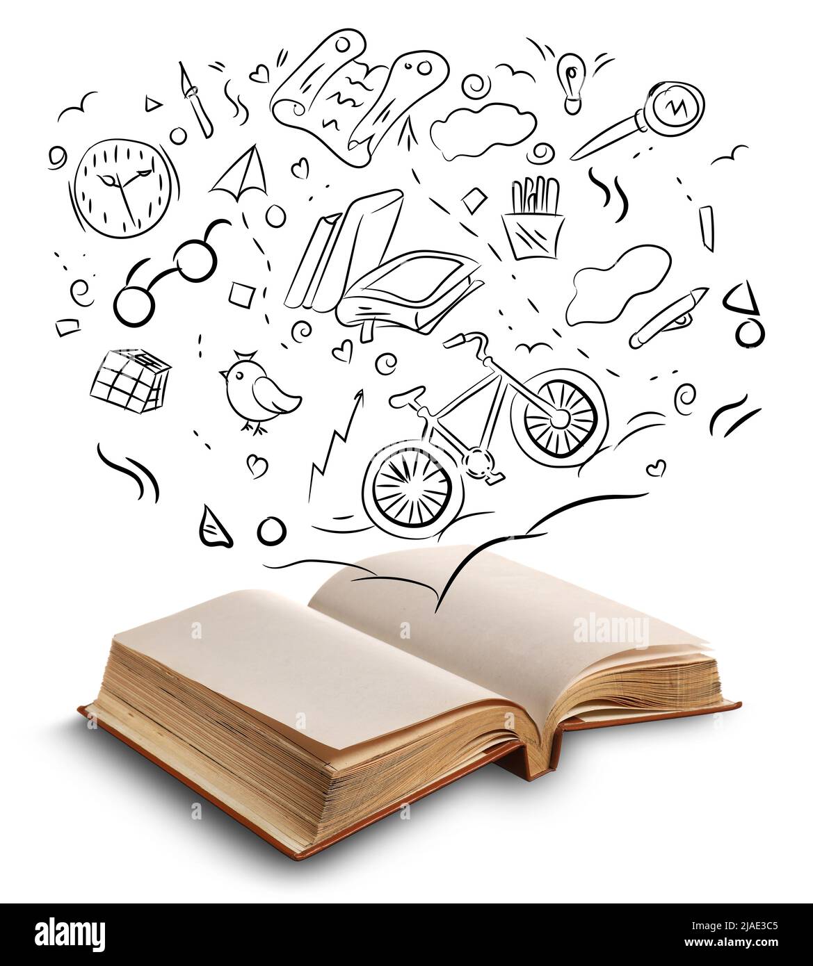 Open book and different drawn objects on white background Stock Photo ...