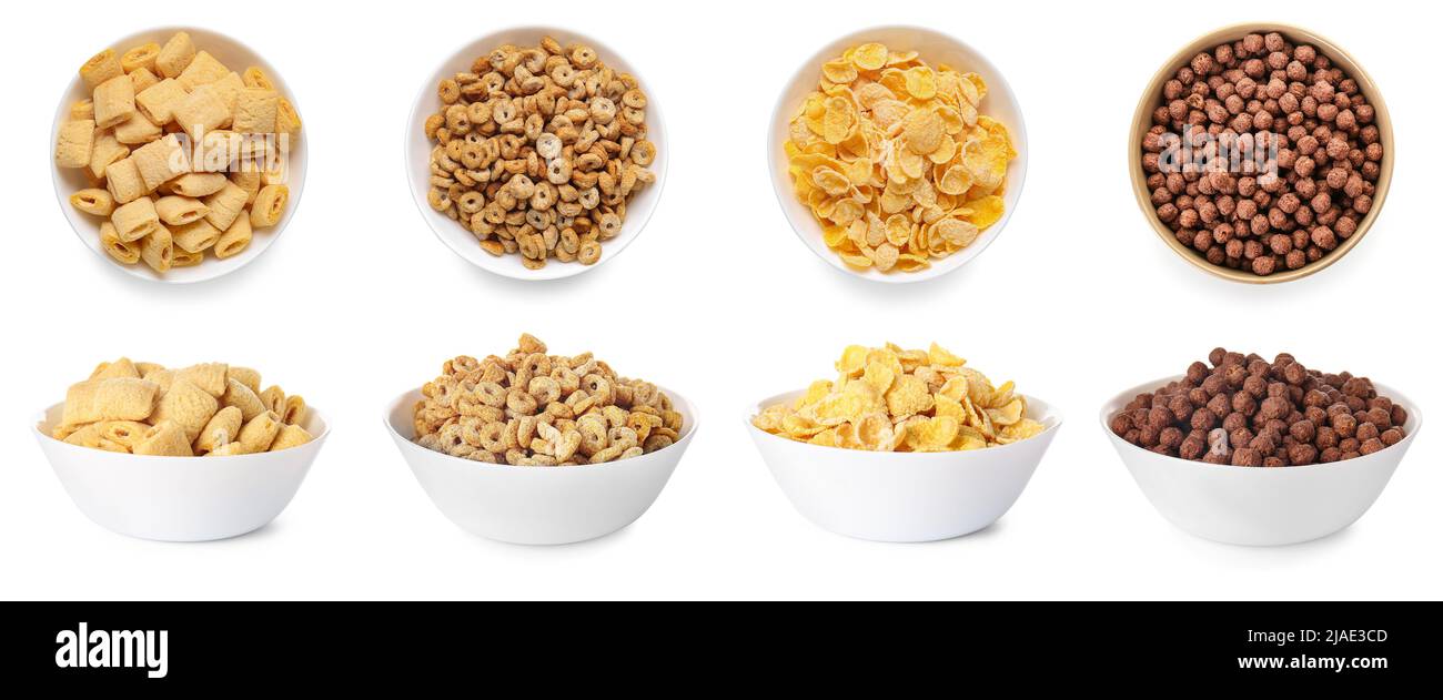 Set of bowls with different tasty breakfast cereals isolated on white ...