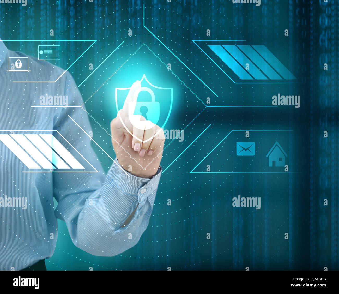 Businesswoman touching lock on virtual screen. Concept of online safety ...