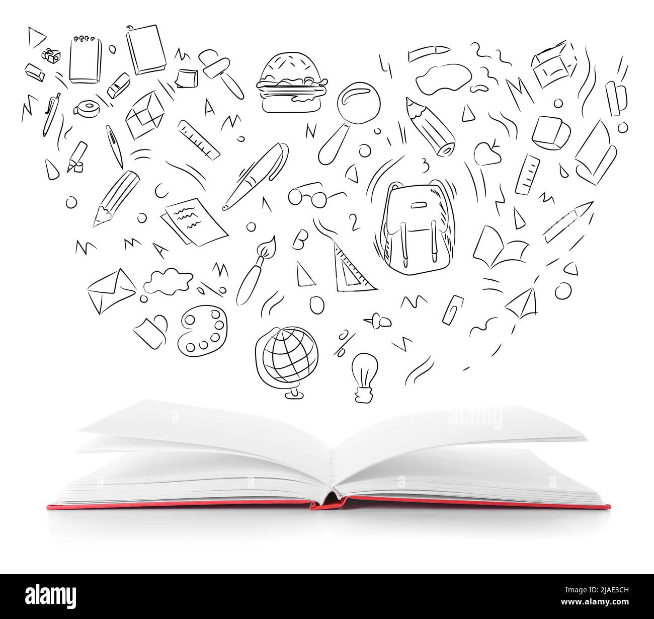Open book and drawn school supplies on white background Stock Photo - Alamy