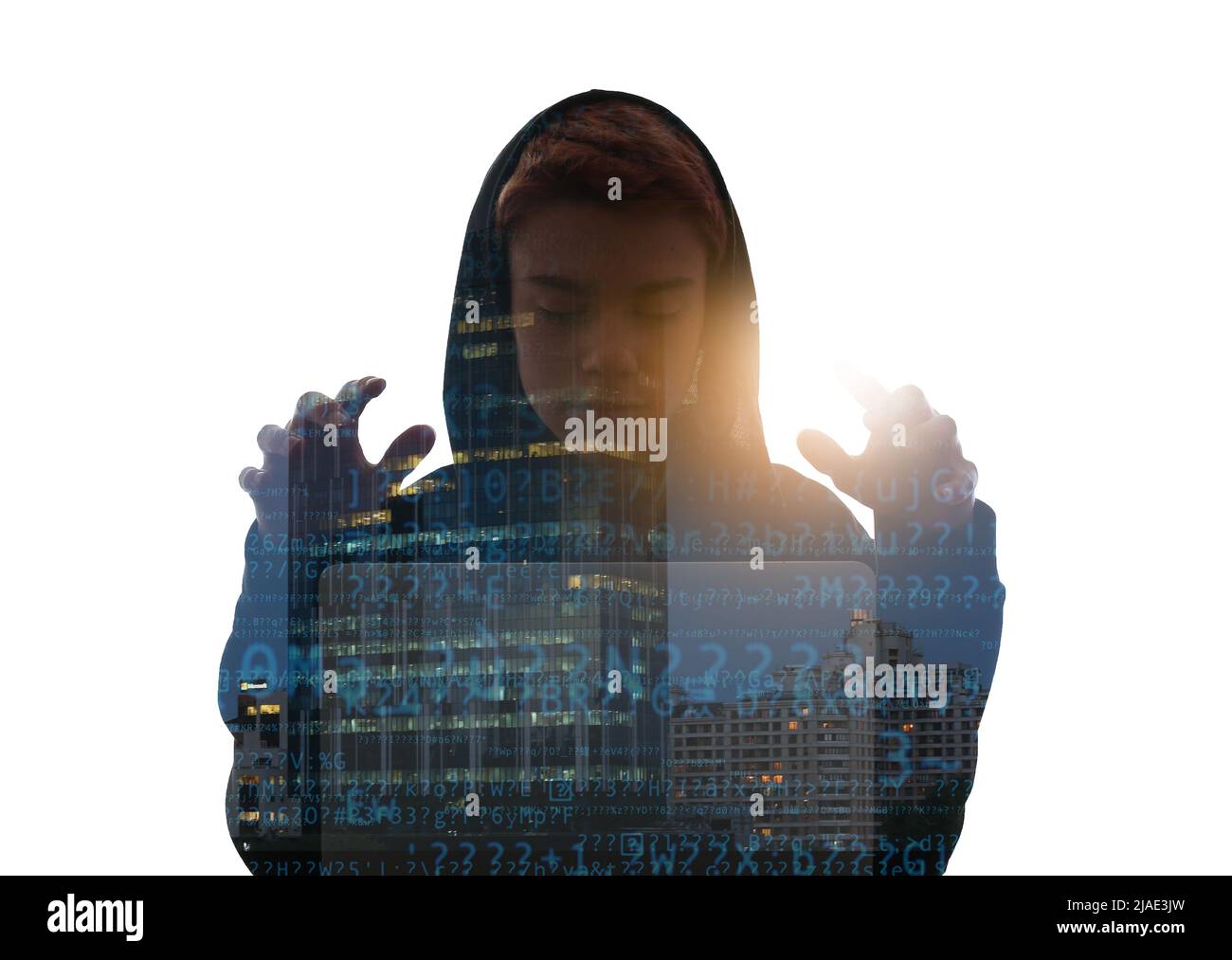 Triple exposure of modern buildings, computer code and hacker on white ...