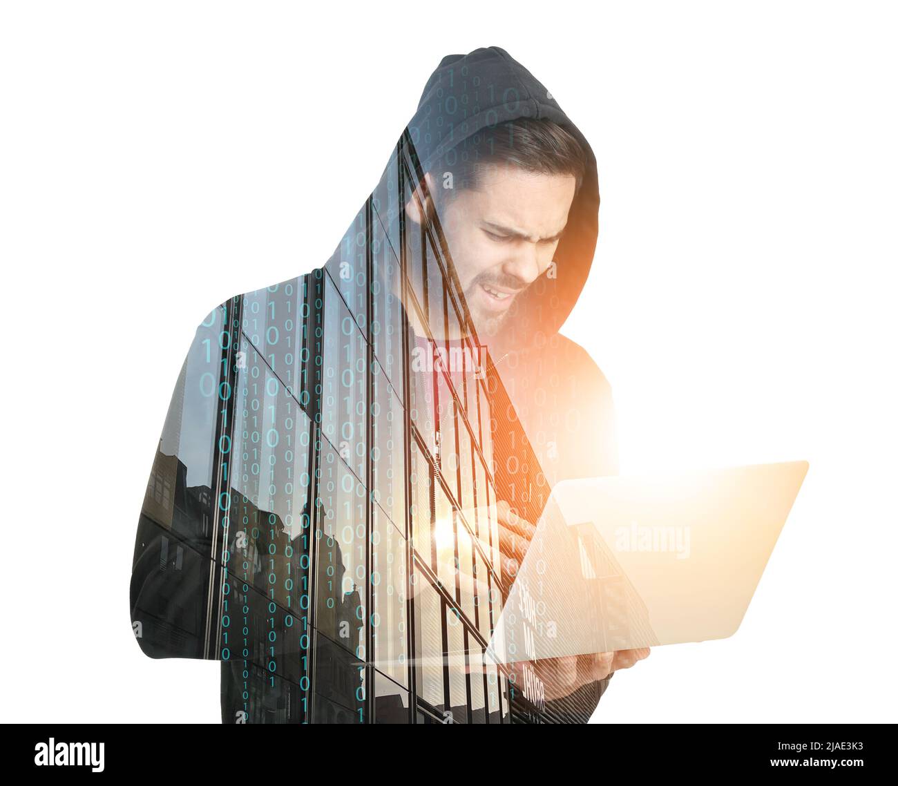 Triple exposure of modern building, computer code and angry hacker with ...