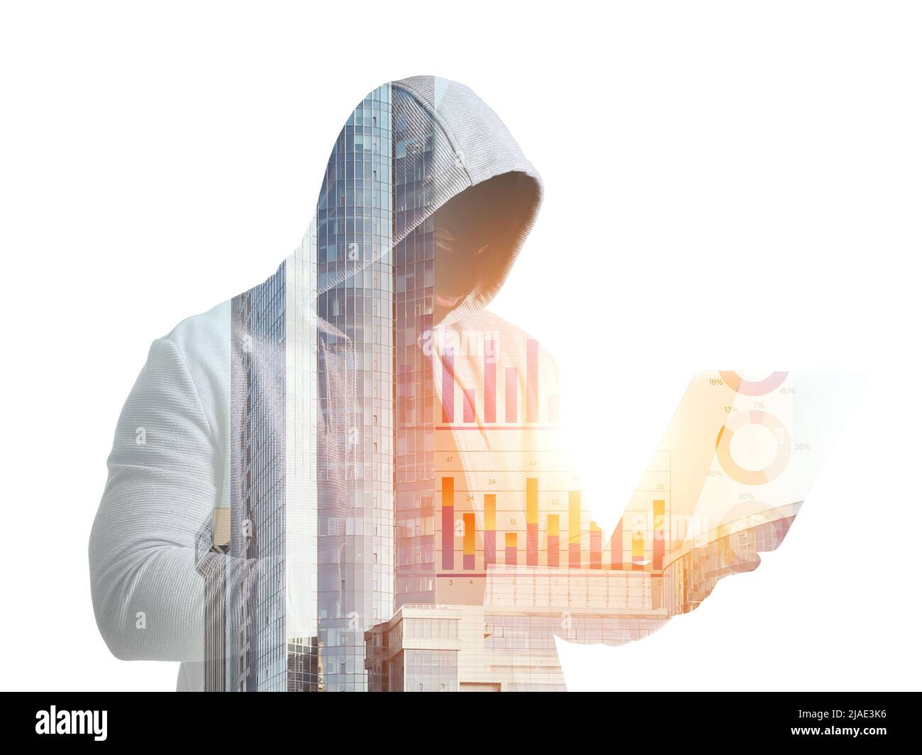 Double exposure of modern building and hacker with laptop on white ...