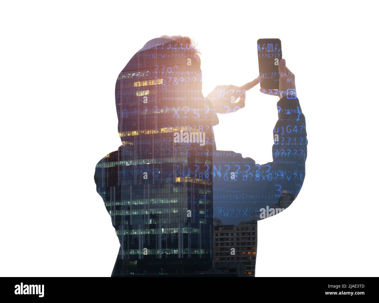 Triple exposure of night city, computer code and hacker with phone on ...