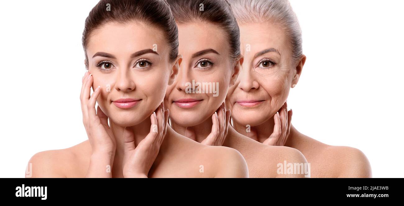 Portraits of woman at different stages of aging against white ...