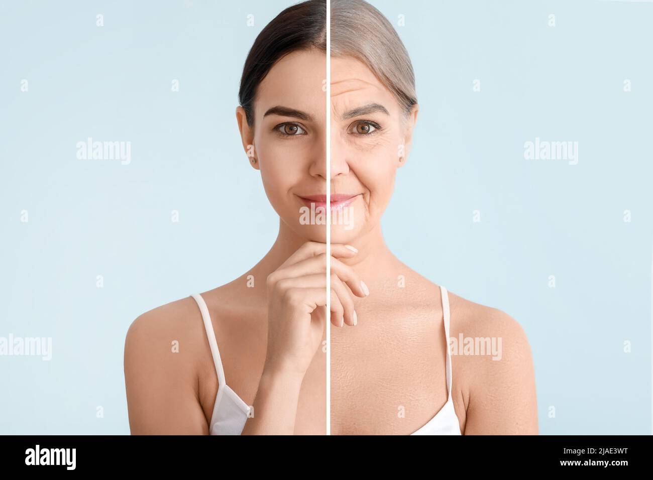 Comparison portrait of woman on light background. Process of aging ...
