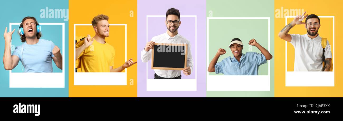 Collage of happy young men on colorful background Stock Photo - Alamy